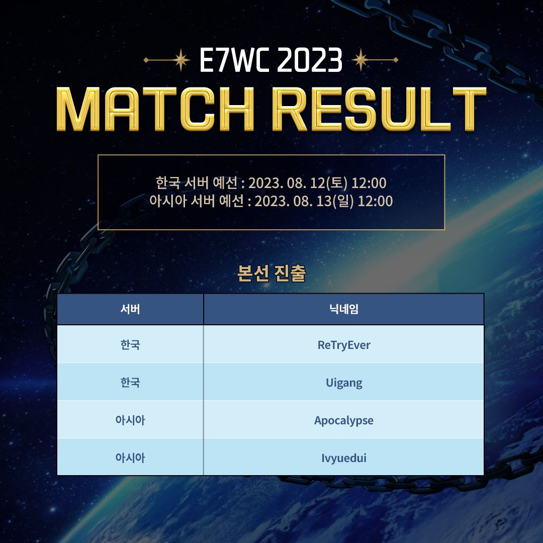 E7WC 2023 한국&아시아 서버 예선 경기 결과 안내